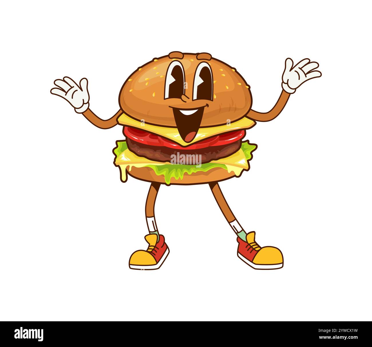 Cartoon fast food hamburger happy groovy character. Street restaurant ...