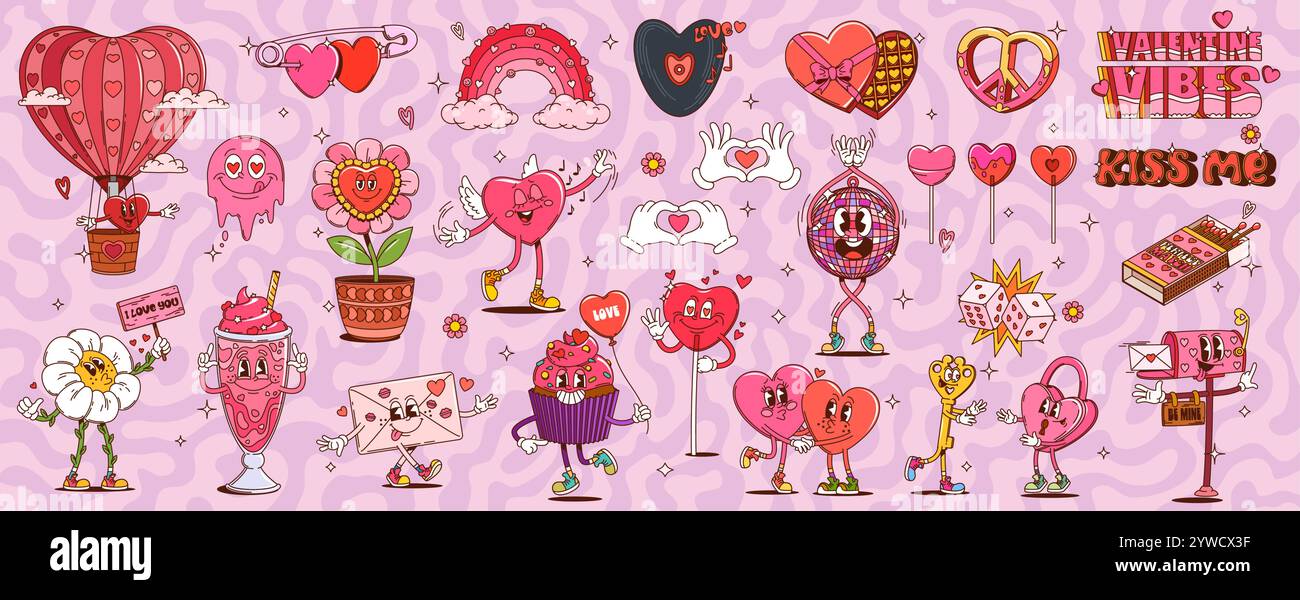 Cartoon groovy Valentines Day characters and love symbols. Retro hippie ...