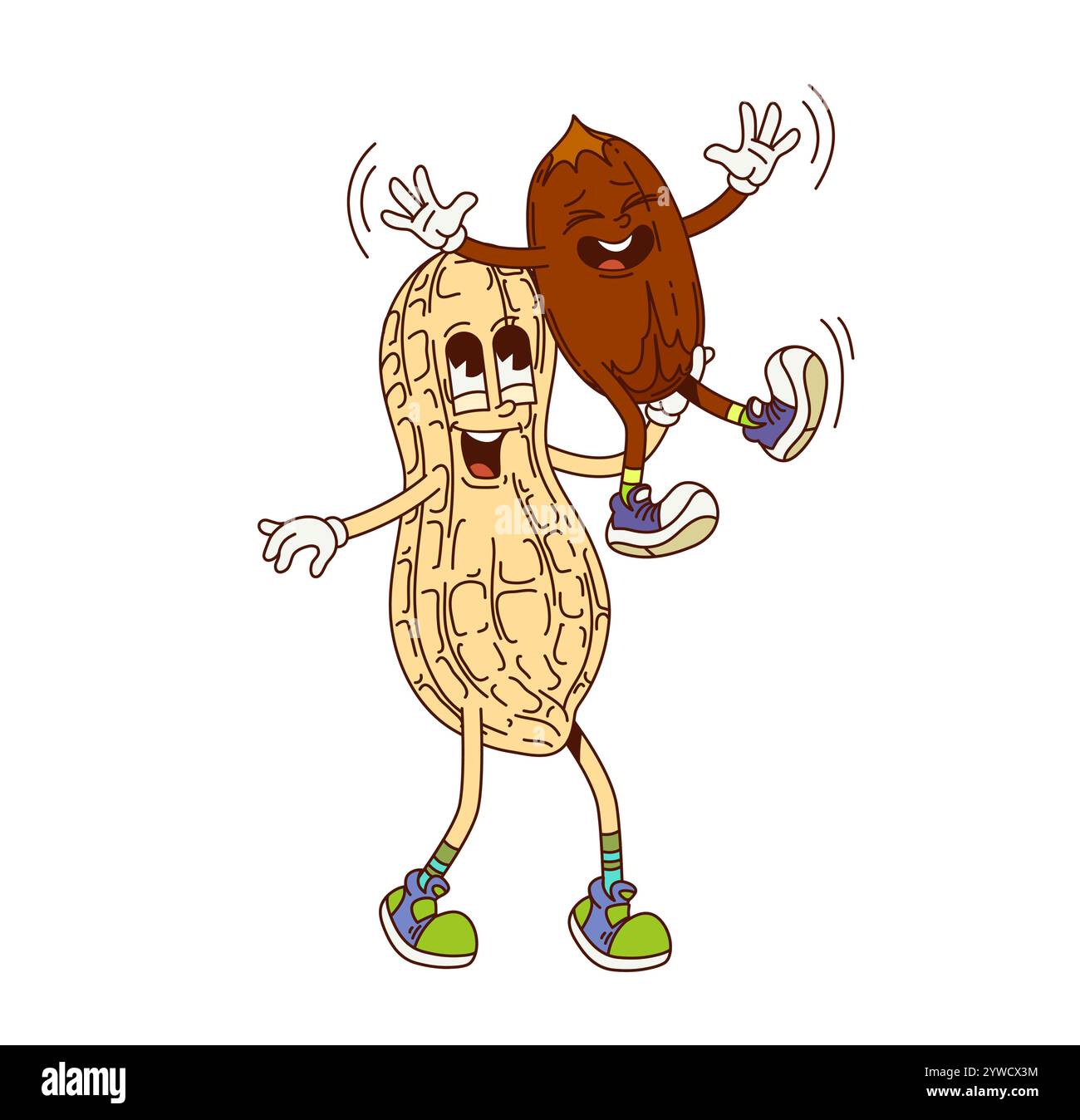Groovy peanut characters, cartoon pod and nut enjoying a playful moment ...