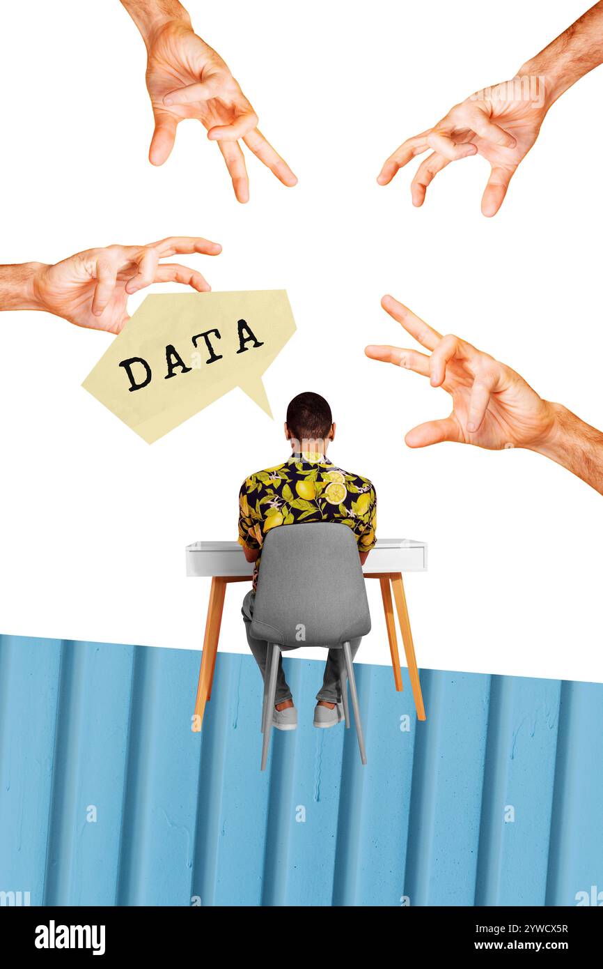 Vertical collage young man sitting table data information privacy ...