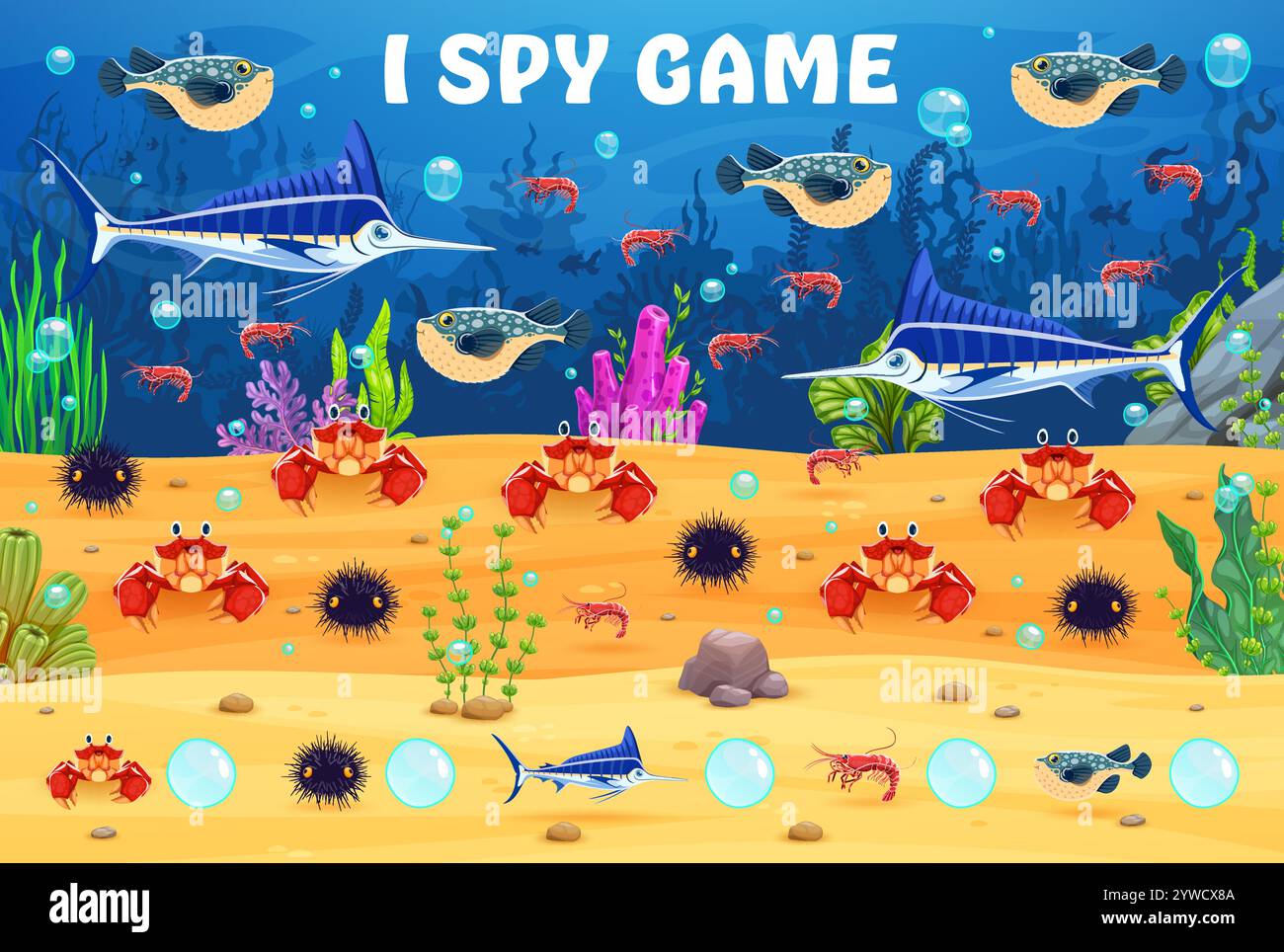 I spy game worksheet with underwater sea animals. Vector educational ...