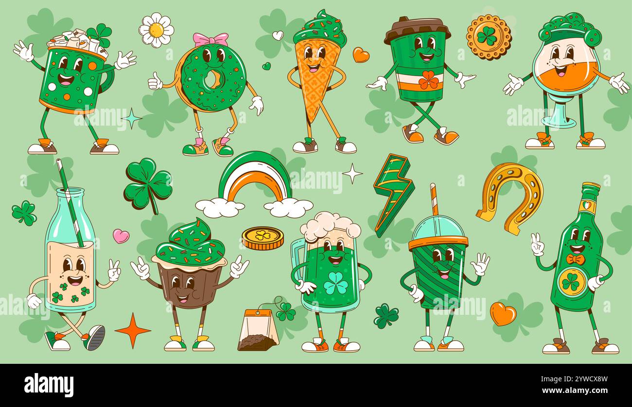 Cartoon retro groovy Saint Patrick day holiday characters and symbols ...