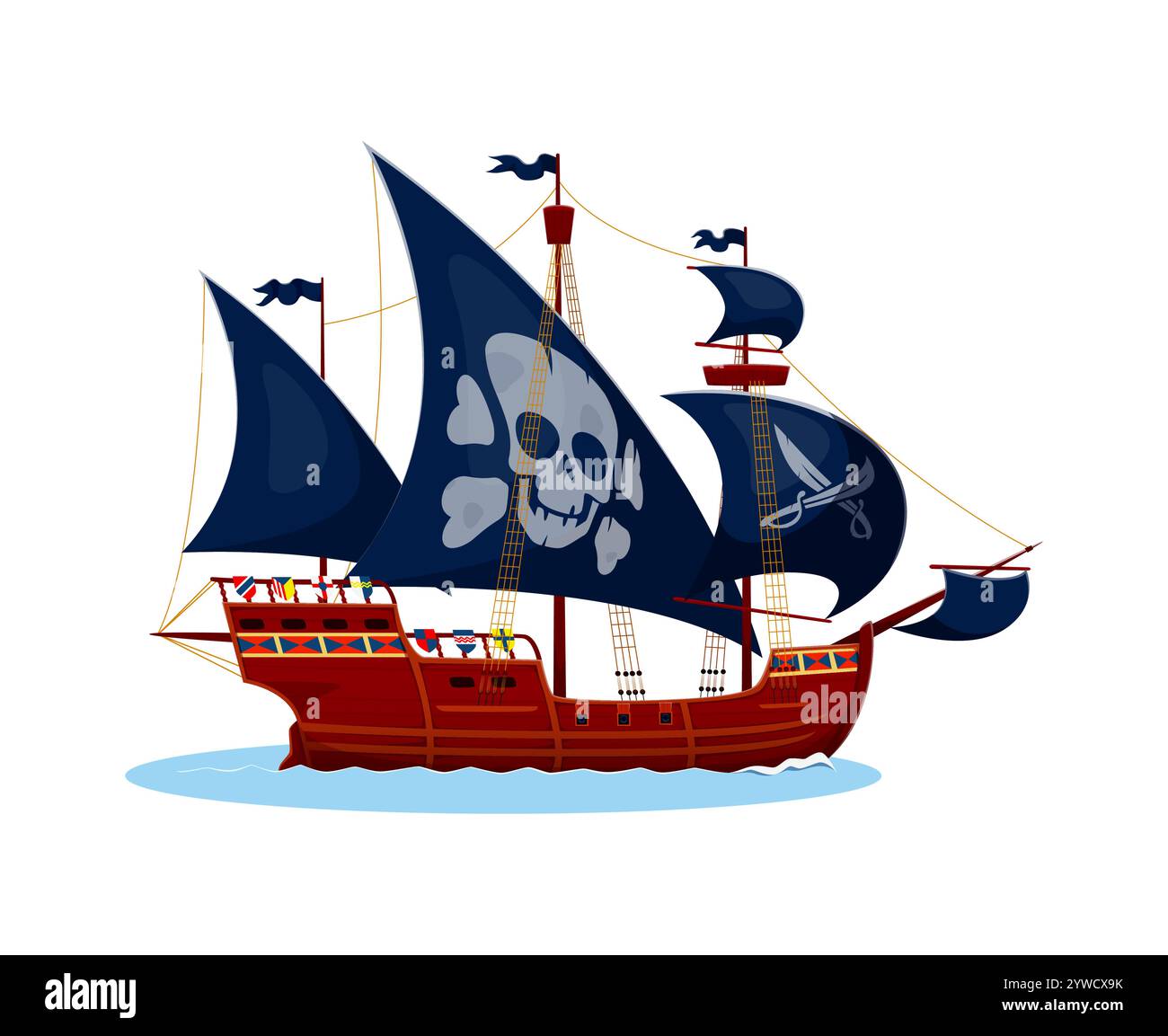 Pirate ship sailing in calm waters. Isolated cartoon vector corsair vessel features dark sails ...