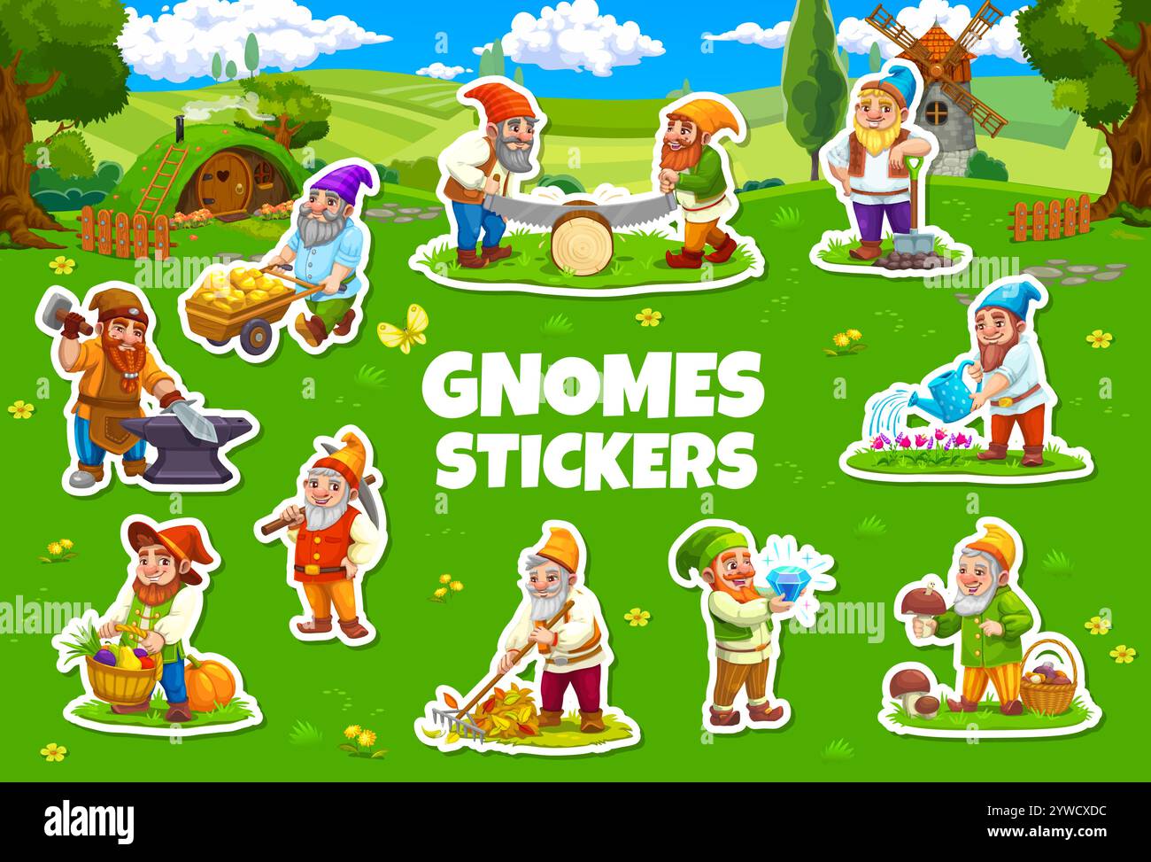 Cartoon fairytale gnome characters stickers pack of dwarfs in village ...