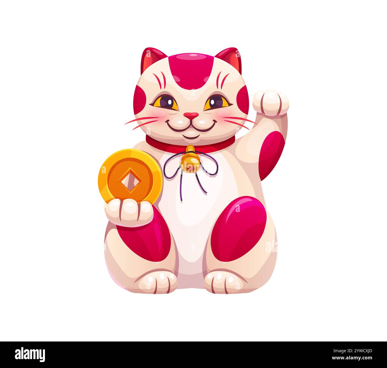 Cartoon Japanese Maneki Neko cat holding a gold coin. Isolated vector traditional beckoning cat ...