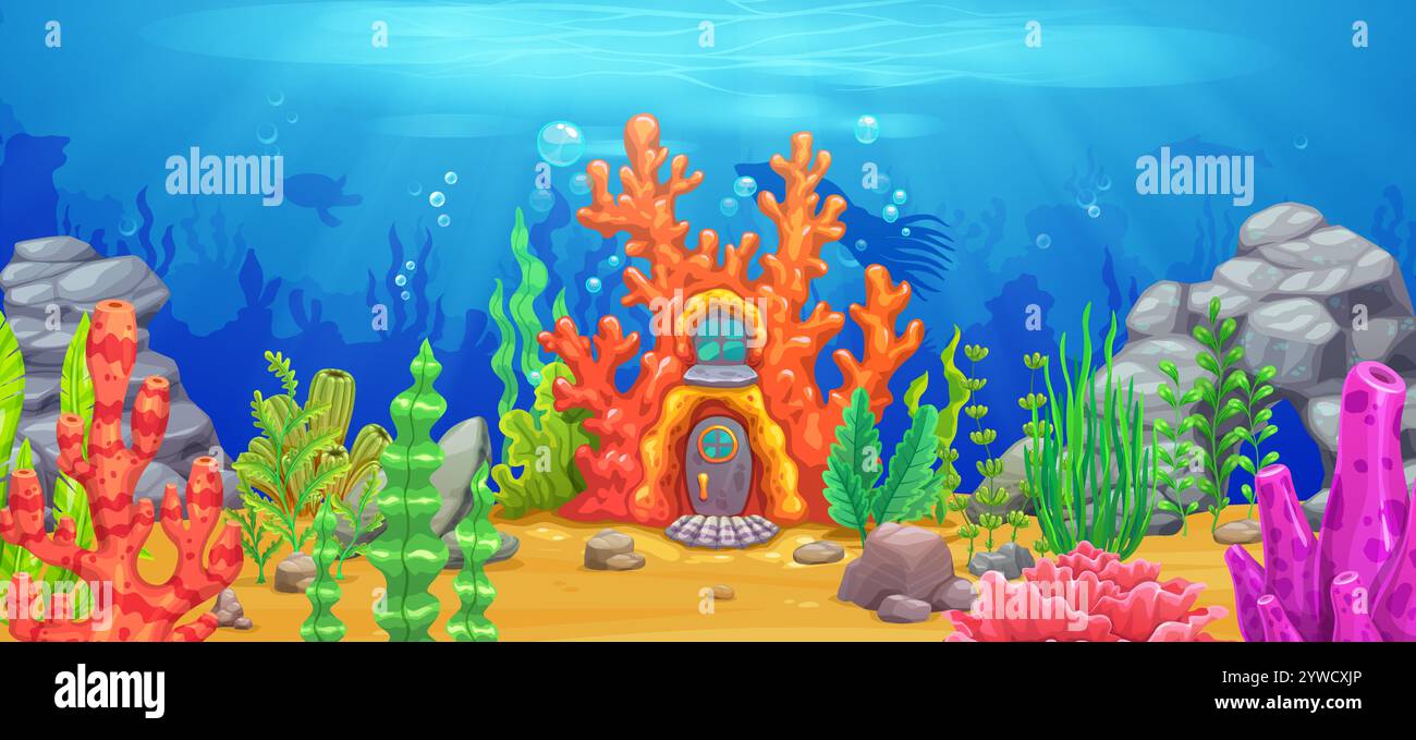 Cartoon sea underwater landscape with reef coral house, game background ...
