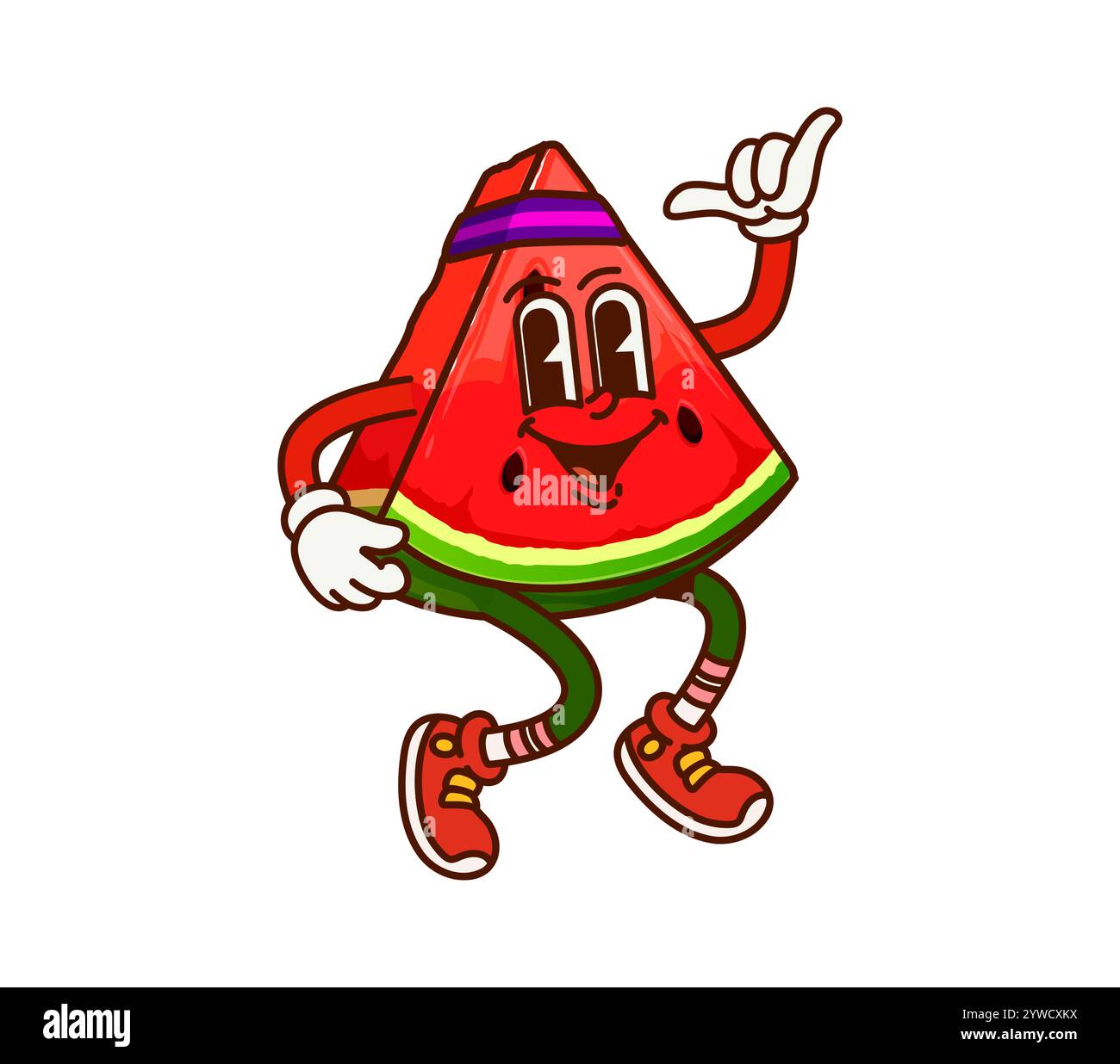 Groovy cartoon watermelon slice funny character on fitness. Fresh and ...