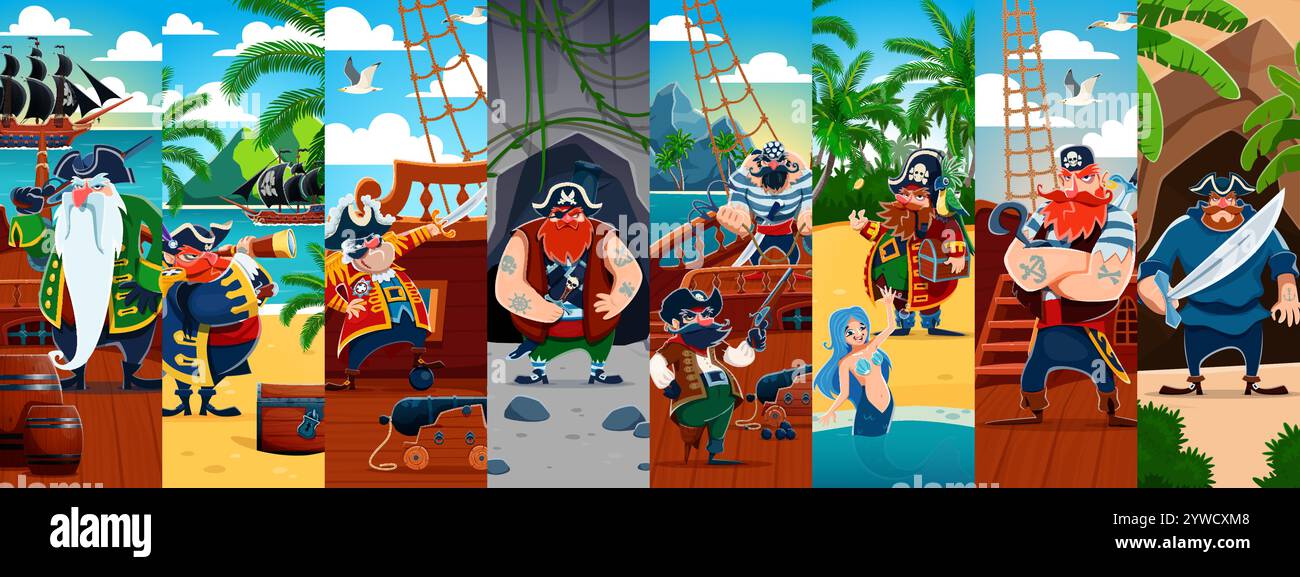 Cartoon pirate sailors and corsair characters collage of captain skipper, vector background ...