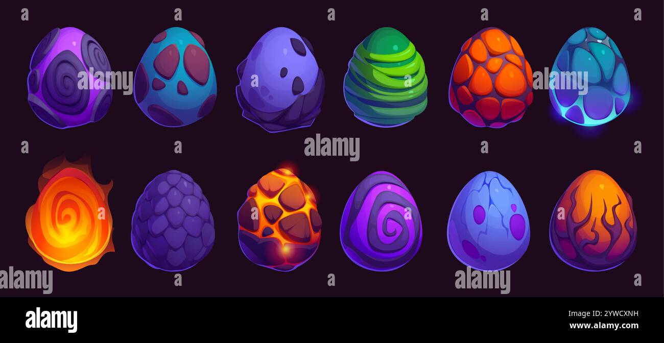 Dragon and dinosaur monster eggs, game asset. Vector UI elements of ...