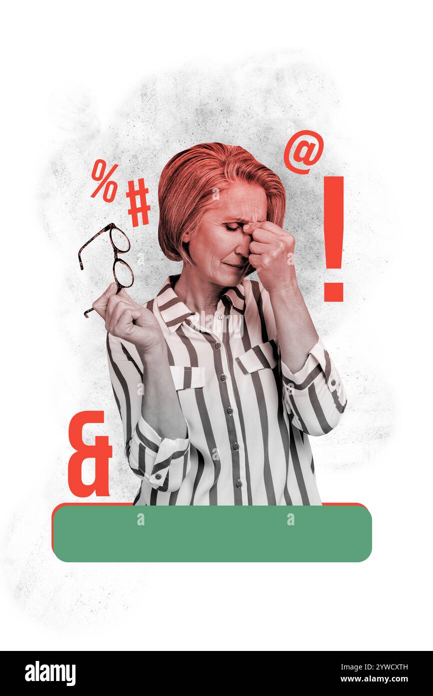 Vertical photo collage of sad puzzled old woman hold head migraine ...