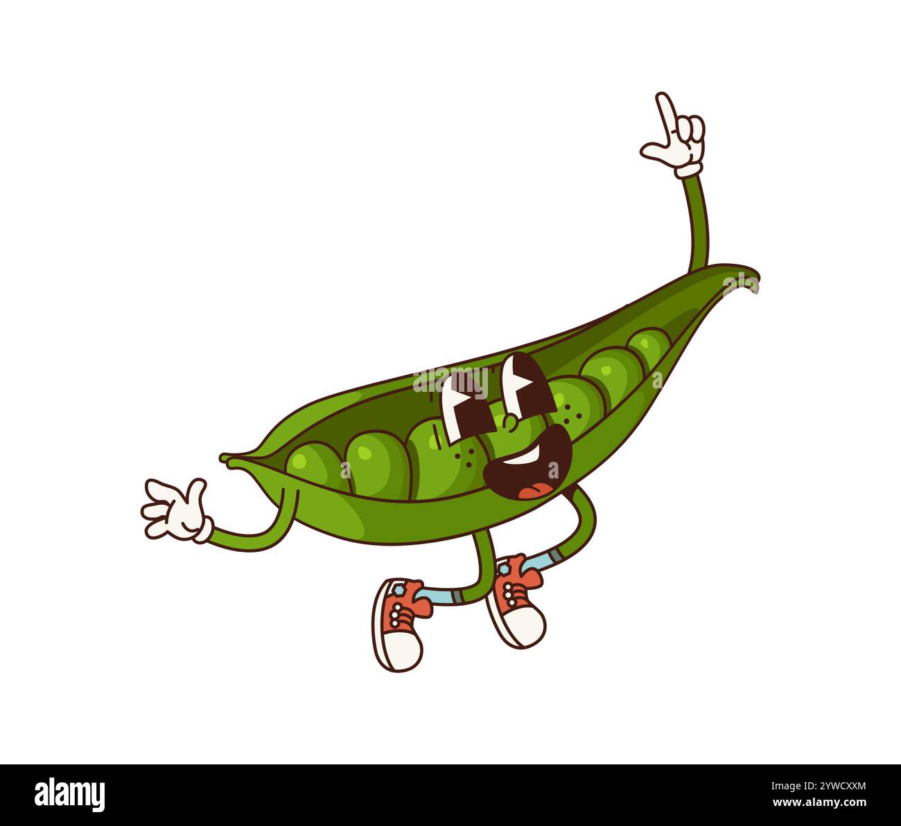 Groovy pea vegetable character cheerfully jumping, displaying juicy ...