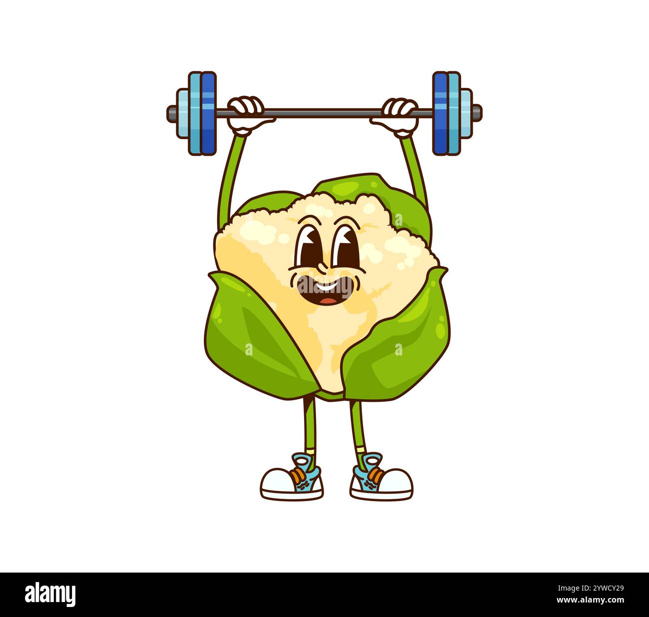 Cartoon groovy cauliflower vegetable character workout with barbell on ...