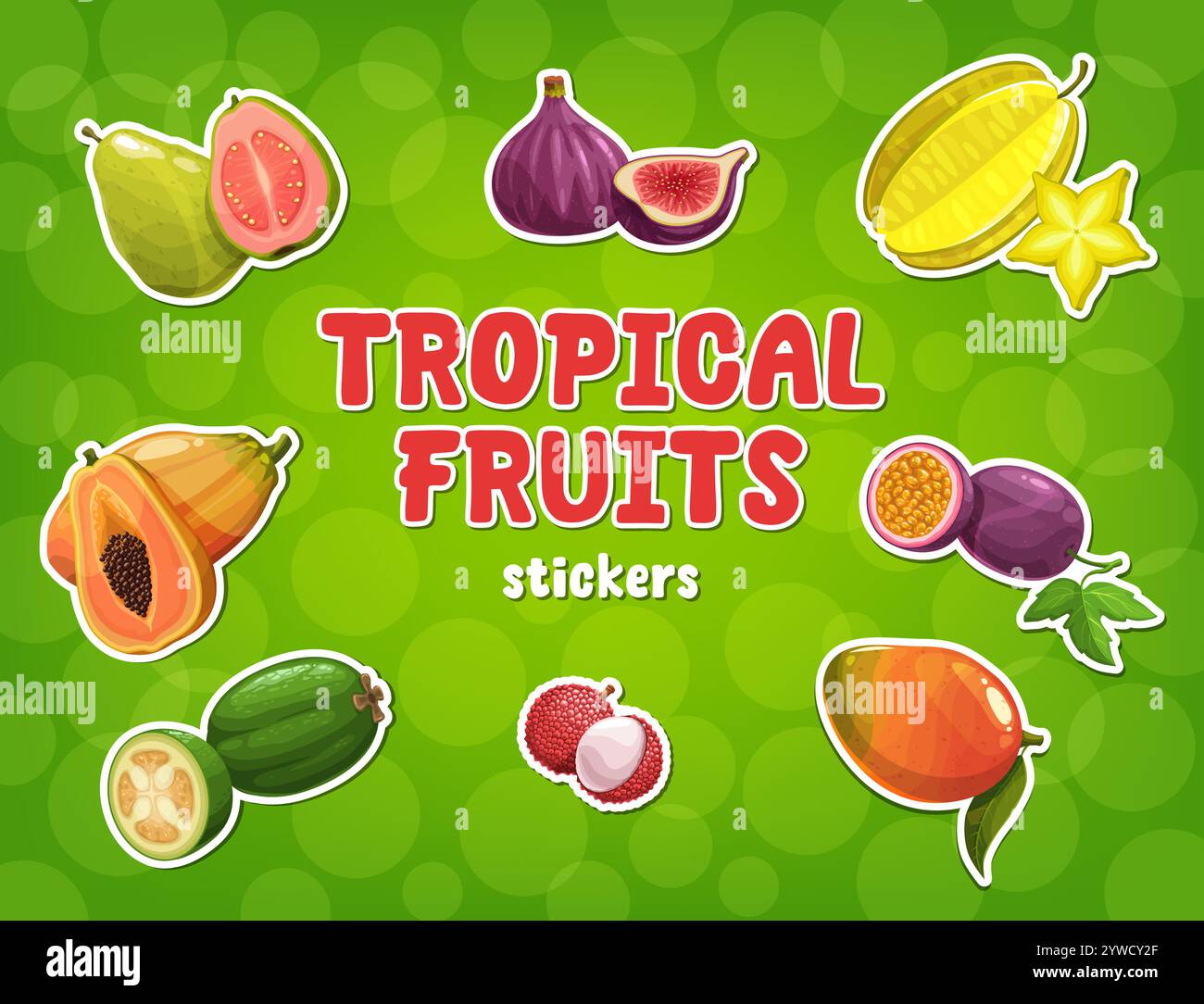 Tropical fruits stickers pack of papaya and guava with mango and fig ...