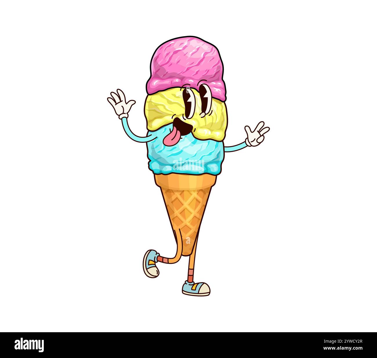 Ice cream sundae groovy character in retro cartoon, vector funny gelato ...