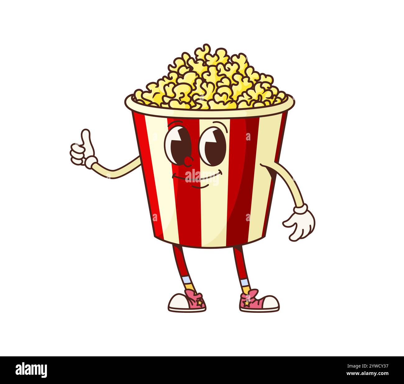 Groovy fast food popcorn bucket retro cartoon character with thumb up ...