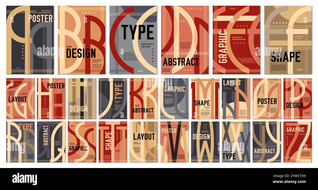 Art deco typography book covers, abstract alphabet poster templates ...