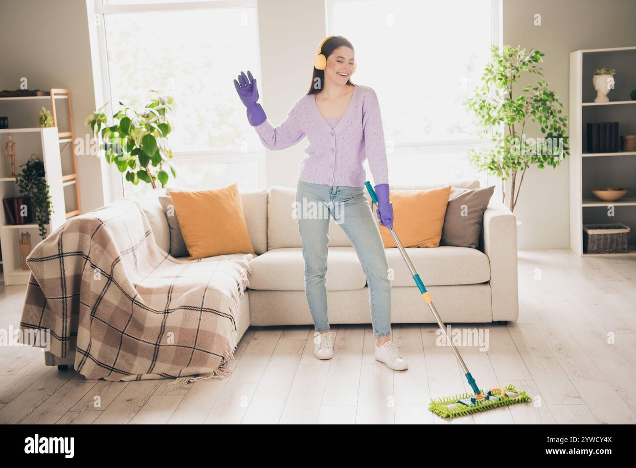 Full body photo of nice young teen girl mopping floor headphones dance ...