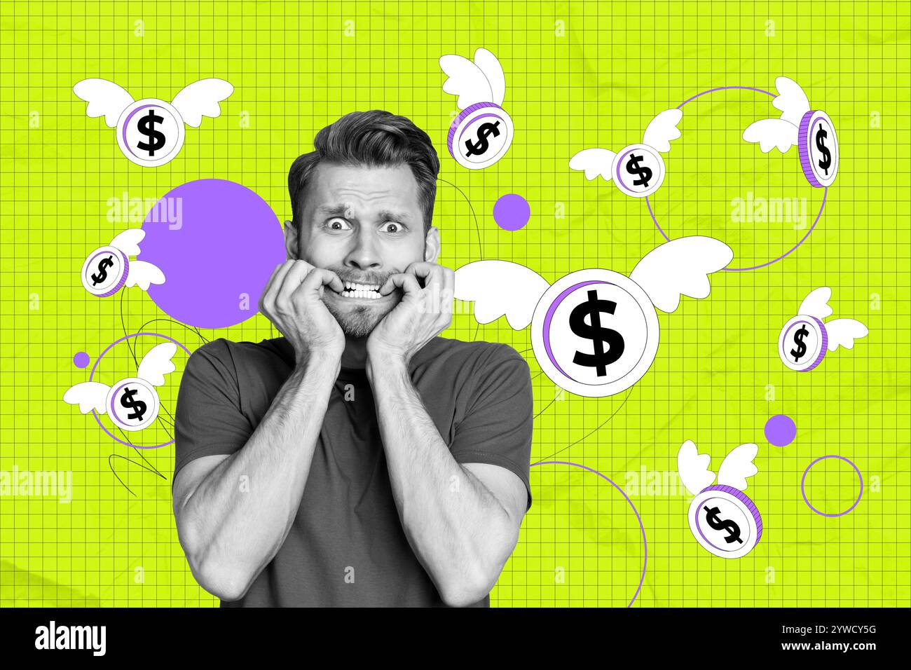 Photo cartoon comics sketch collage of scared man bite fingers dollar ...