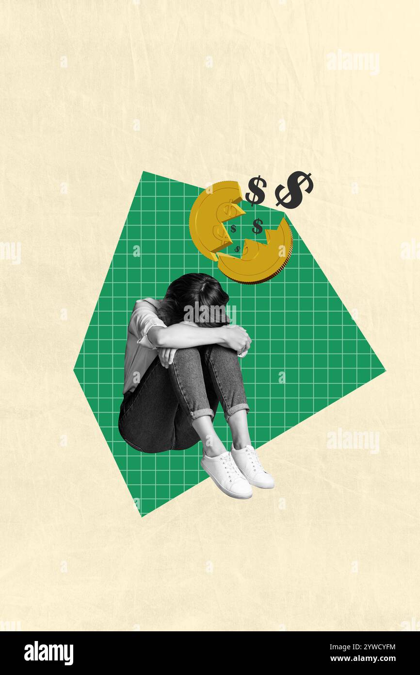 Vertical poster collage young depressed woman crying anxiety upset ...