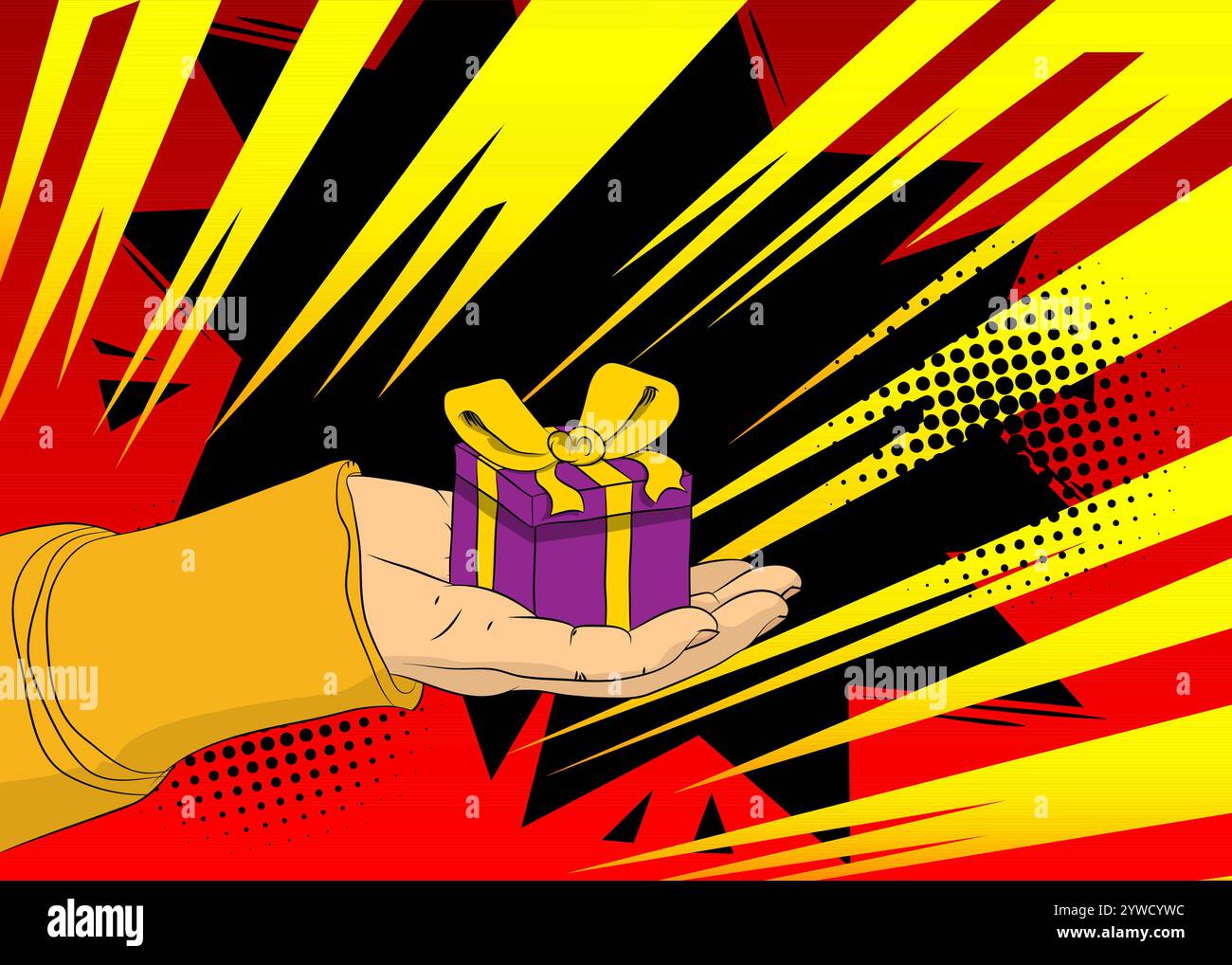 Cartoon, comic book human hands holding Gift Box Retro vector comics ...