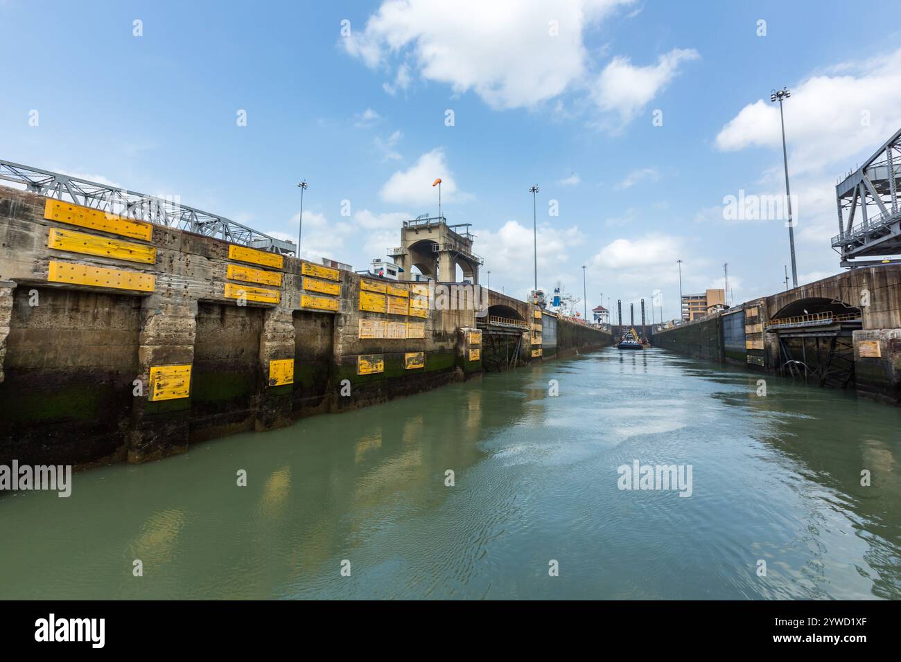Lock chamber at the Miraflores Locks on the Panama Canal in Panama. A ...