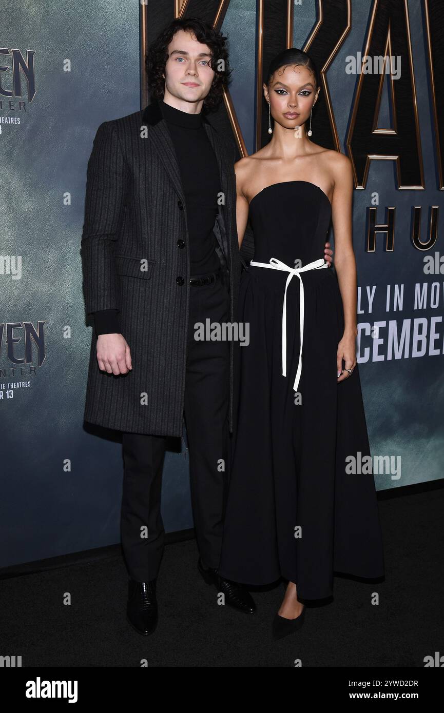(L-R) Levi Miller and Ke’Andra attend the 'Kraven The Hunter' premiere at AMC Lincoln Square ...