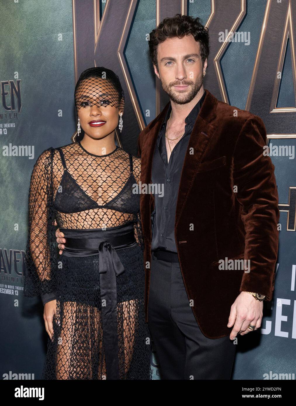 Ariana DeBose, left, and Aaron Taylor-Johnson attend the world premiere of "Kraven the Hunter ...