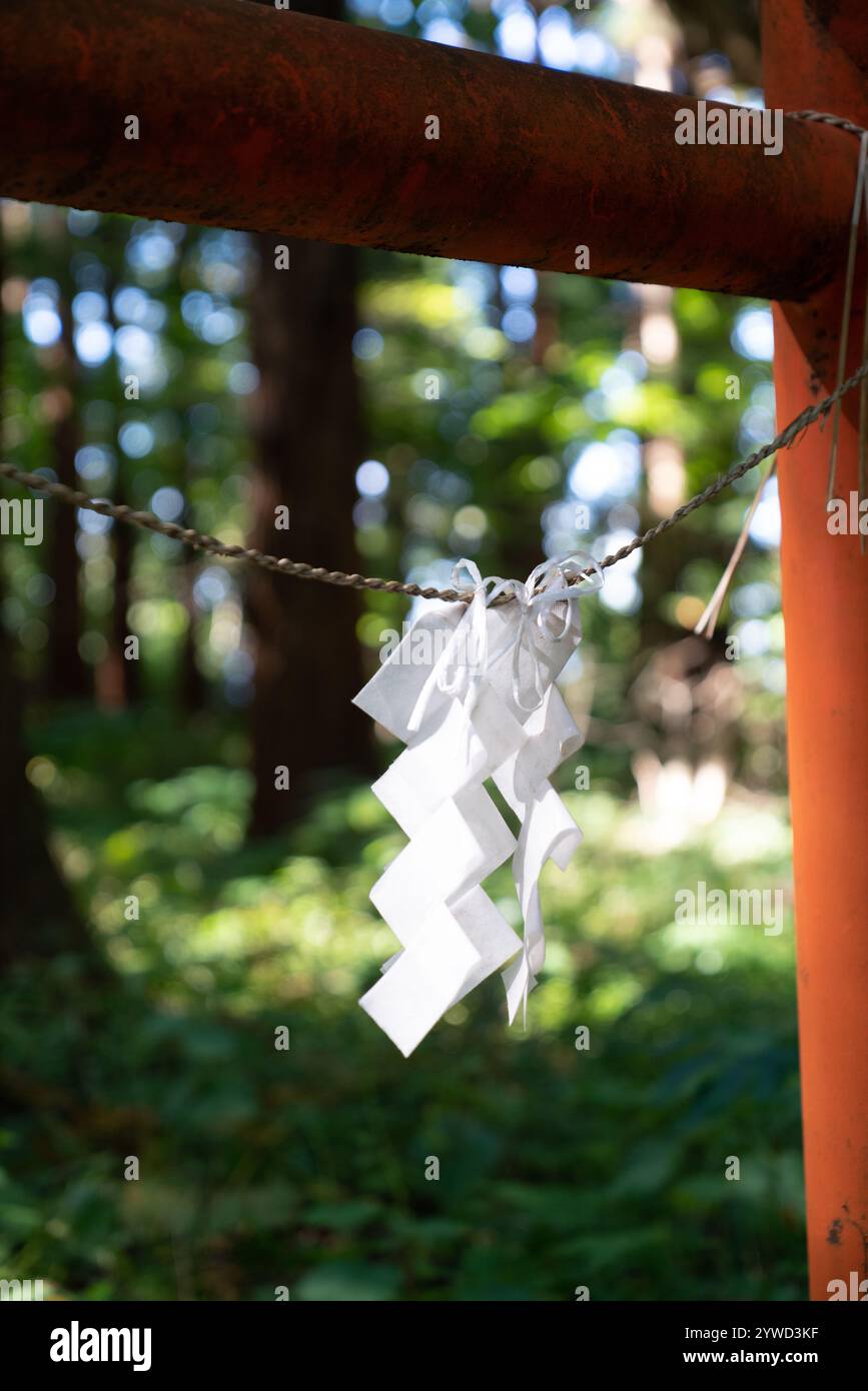 A zigzag-shaped paper streamer used in Shinto rituals to mark sacred ...