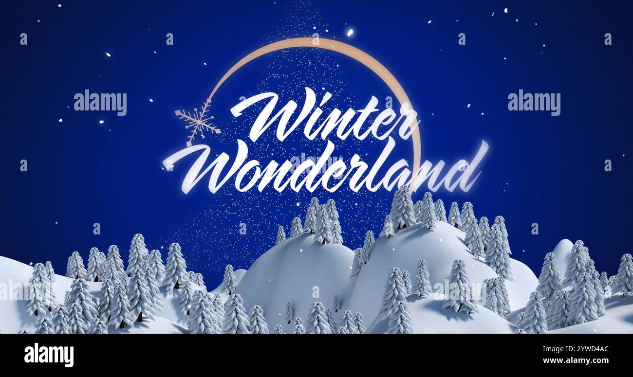 Image of snow falling over winter wonderland text Stock Photo - Alamy