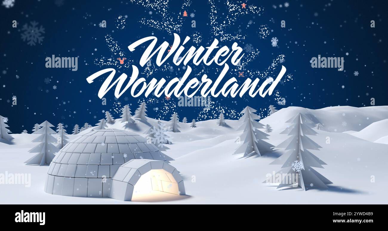 Image of snow falling over winter wonderland text Stock Photo - Alamy