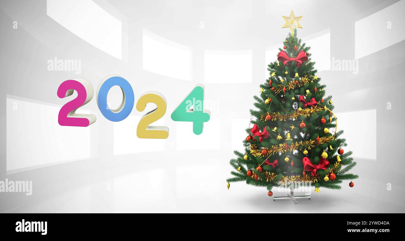 Image of 2024 text and christmas tree with decorations in background ...