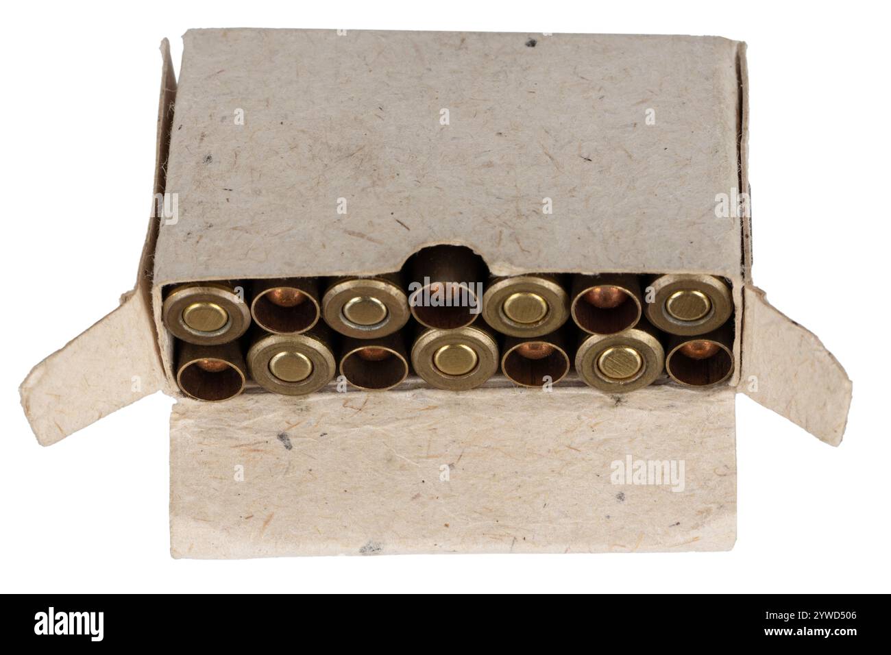 Vintage retro ammunition for revolver gun in a cardboard box. Isolated ...