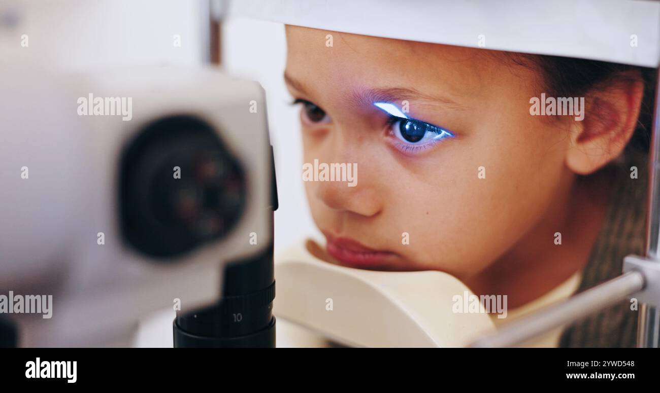 Health, kid or eye care examination with ophthalmoscope for retina ...