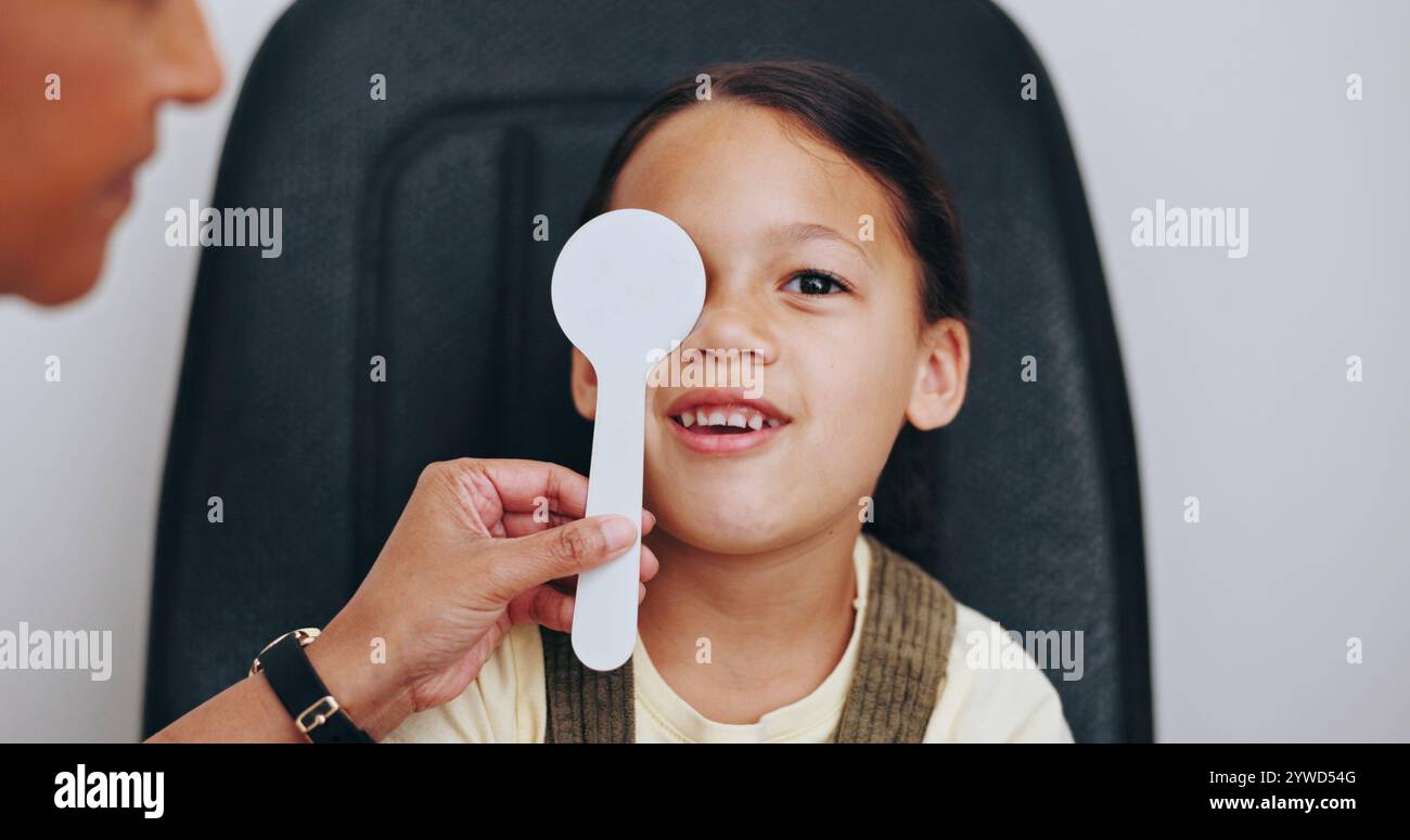 Doctor, occluder or child in eye test at optometry clinic for eyewear ...