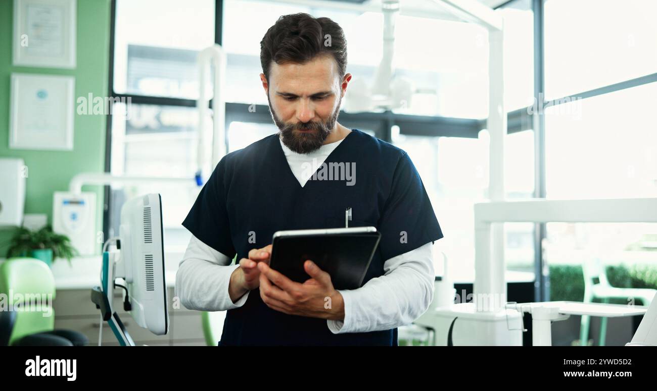 Office, online and dentist with tablet for medical service, appointment ...