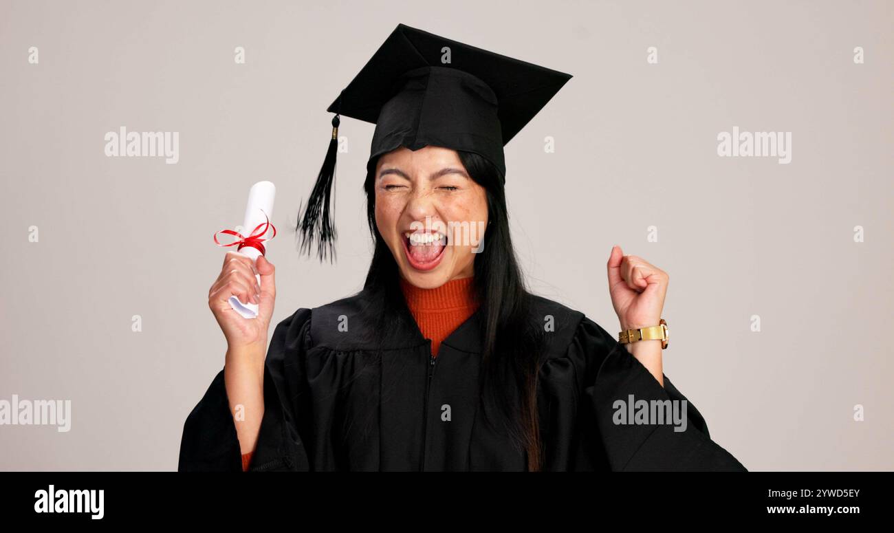 Scream, graduation and diploma with asian woman in studio for success ...