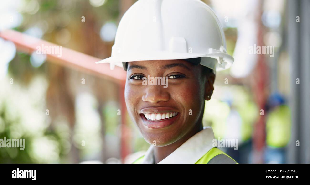 Portrait, black woman and happy architect with helmet at construction ...