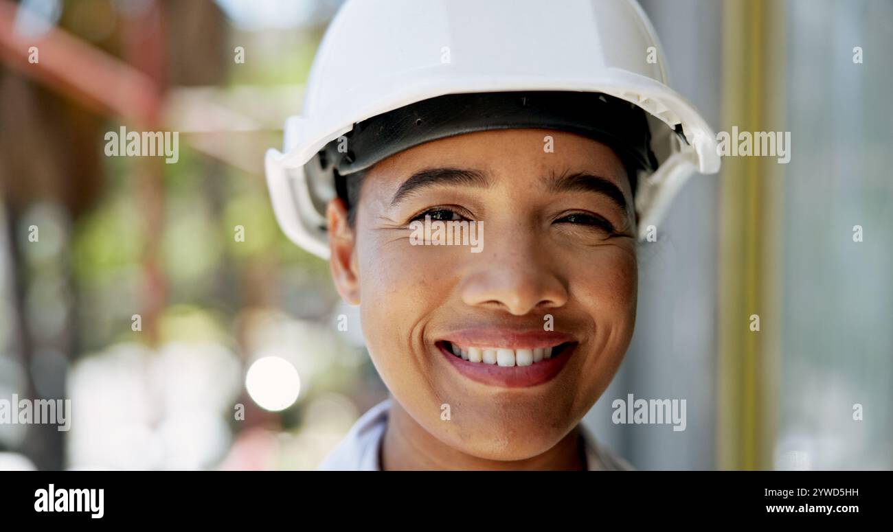 Portrait, happy woman and architect with helmet at construction site ...