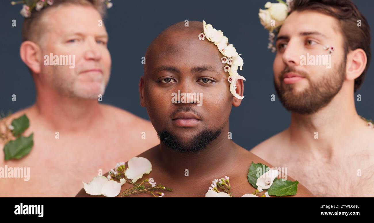 Beauty, studio and portrait of men with flowers for cosmetics, wellness ...