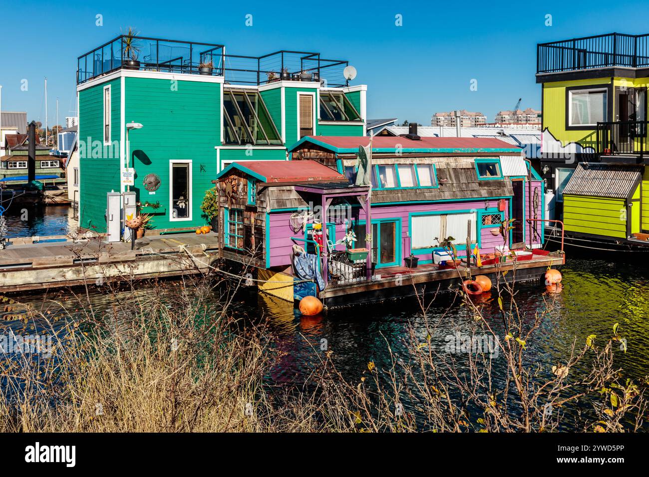 A colorful houseboat sits in a body of water. The houseboat is ...