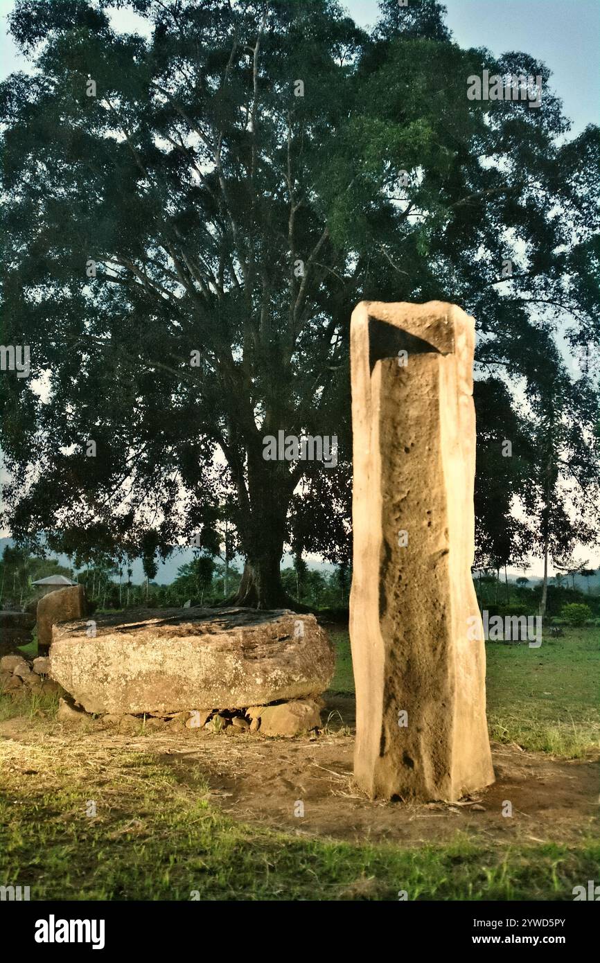 A megalithic menhir at one of Sekala Brak megalithic sites in Purajaya ...