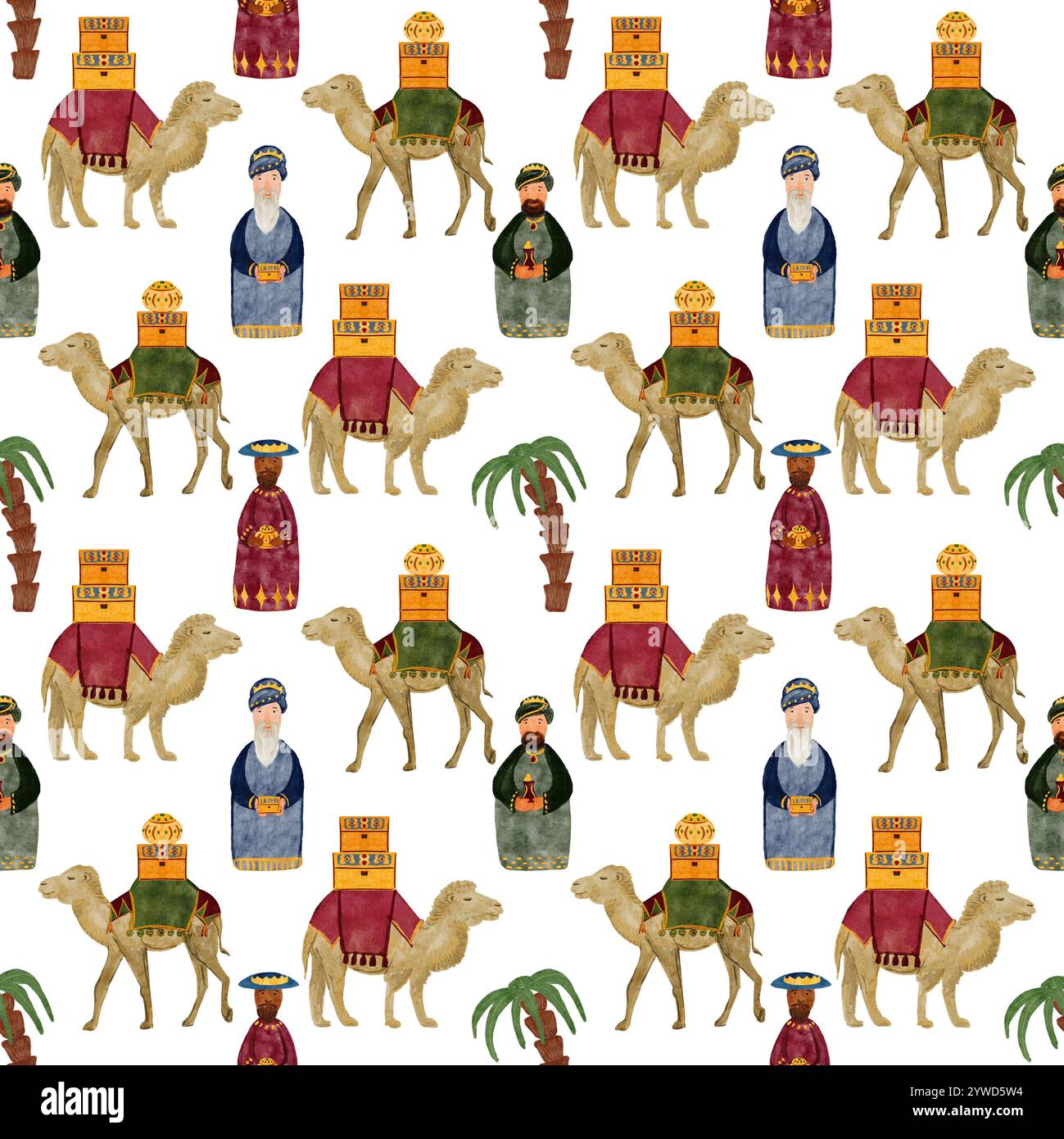 Wise men and a camels with gifts watercolor seamless pattern. Hand ...