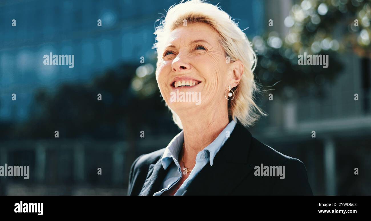 Mature, business woman and thinking outdoor for perspective insight ...