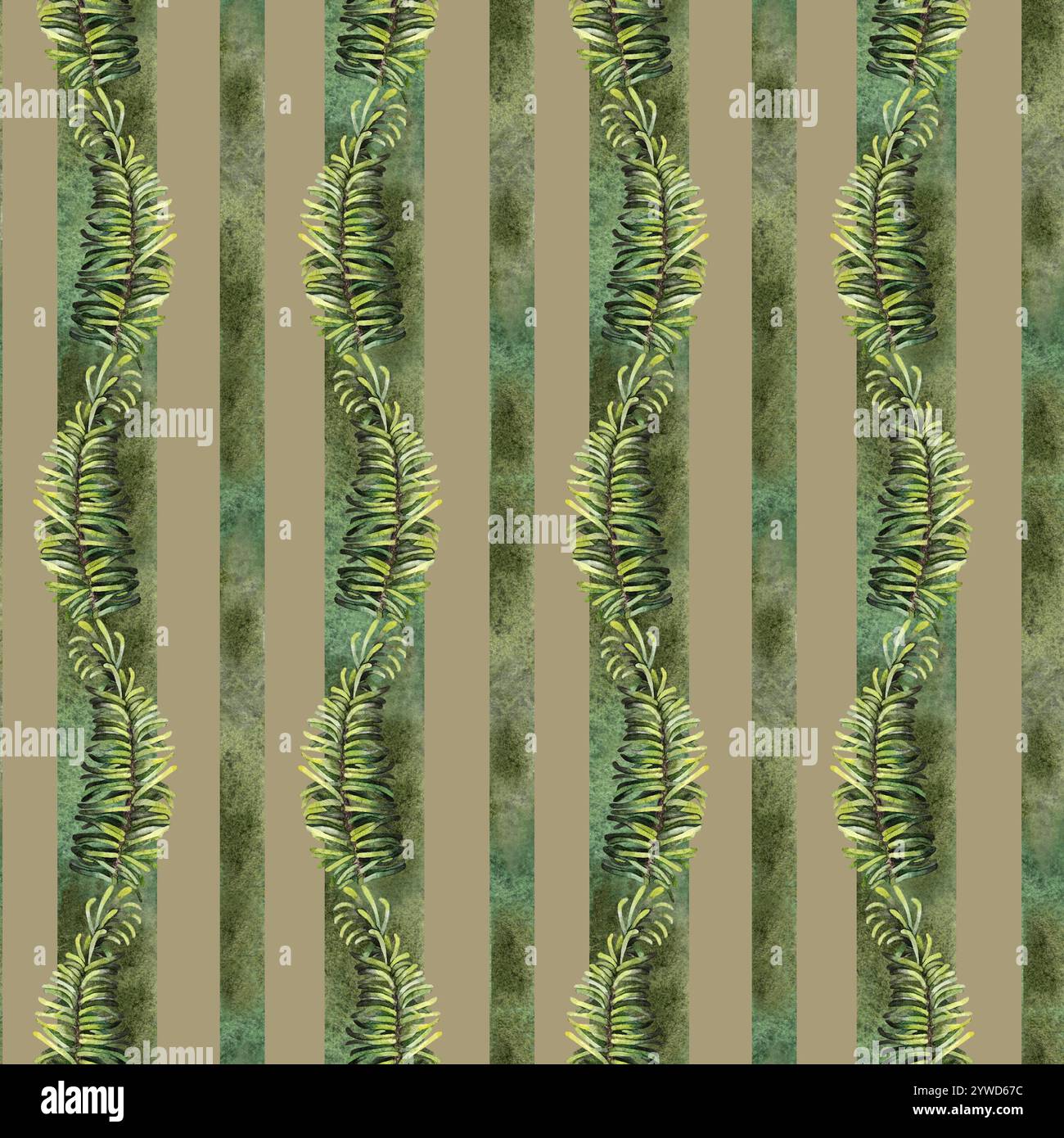 Christmas green fir branches in a seamless pattern on a brown background. Watercolor ...