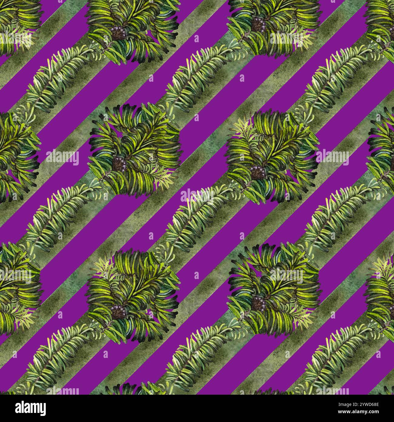 Christmas green fir branches in a seamless pattern on a purple ...