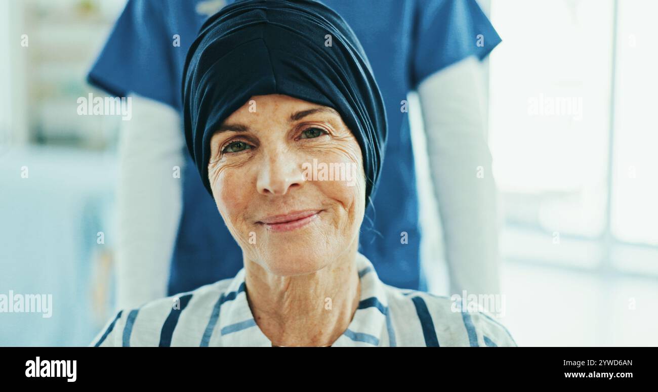 Woman, portrait and nurse with wheelchair for cancer treatment, smile ...