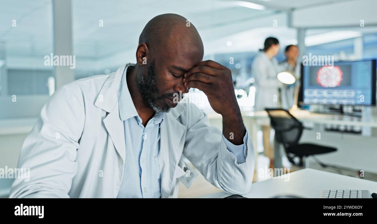 Thinking, burnout and scientist with headache, lab and tired of medical ...