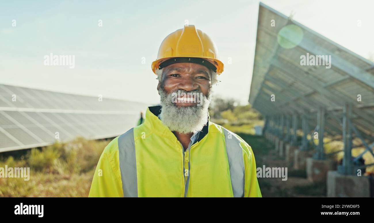 Solar panels, smile and technician with black man in nature for ...