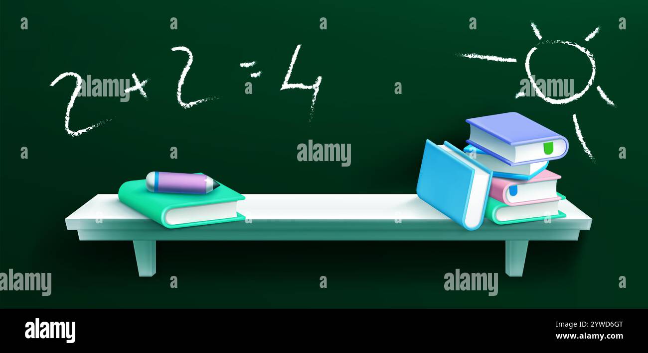 School podium setup with educational stationery - stacked multicolored ...