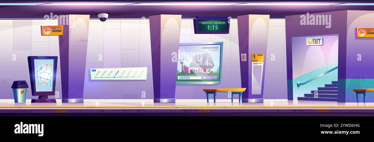 Modern subway station platform interior with digital screens displaying ...